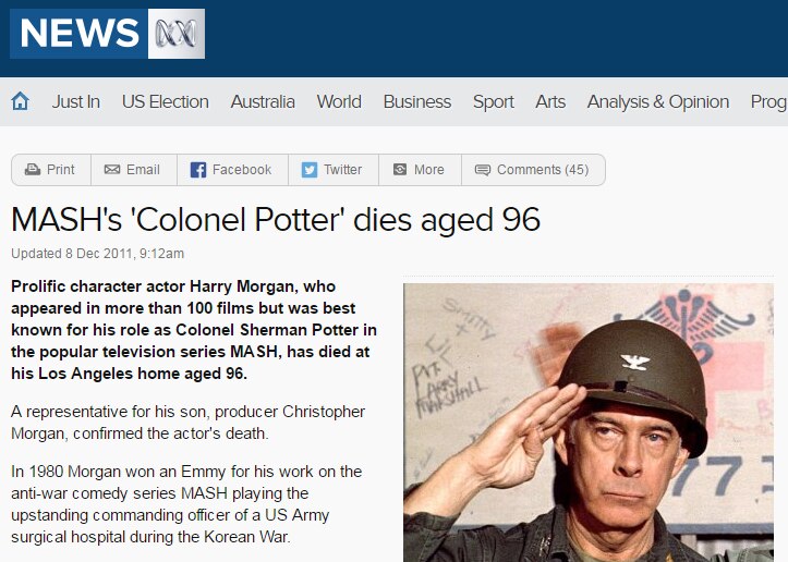 Reports of Colonel Potter's death are greatly regurgitated (and we don ...