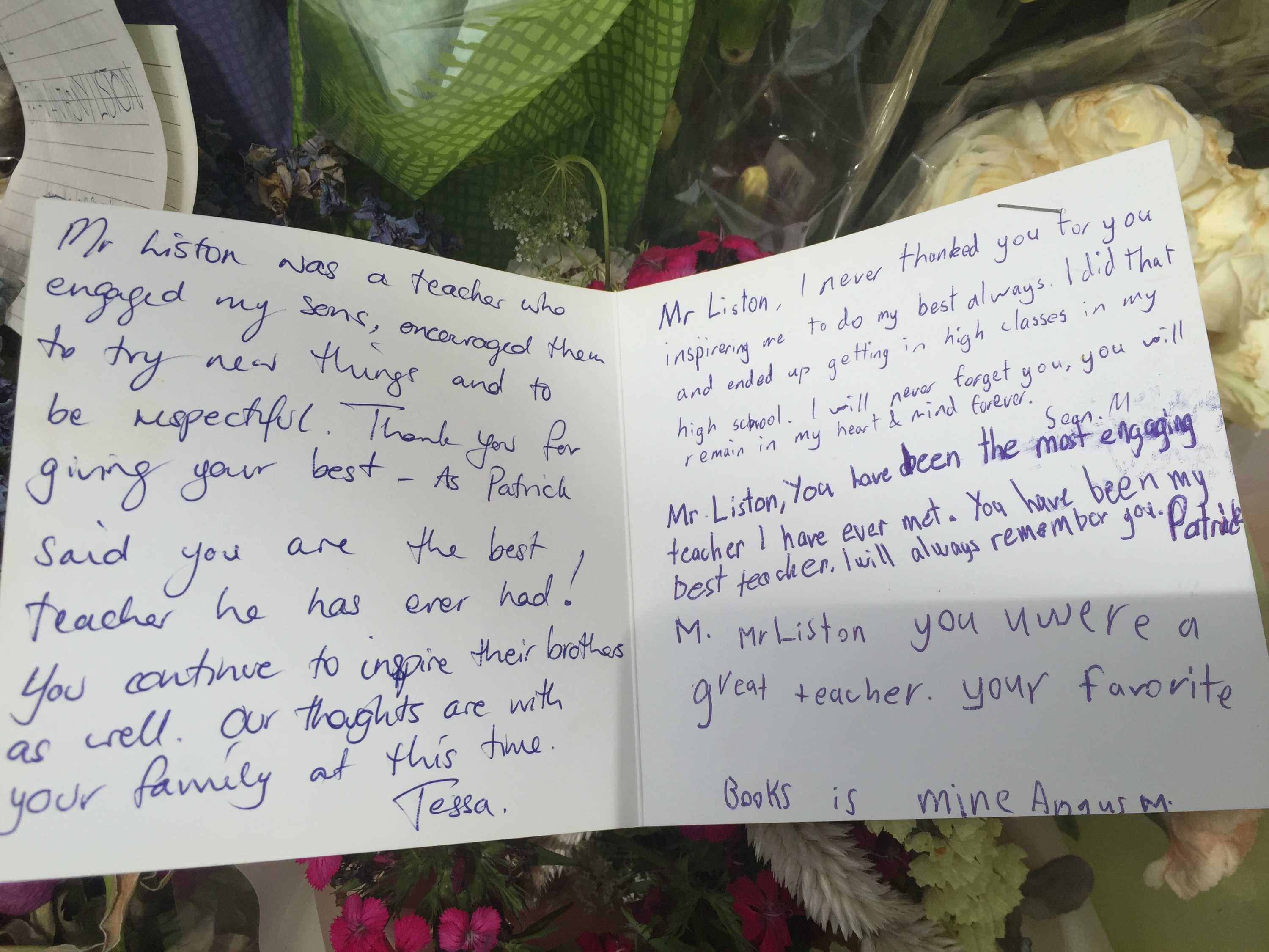 Students honour teacher Brian Liston's memory with makeshift memorial ...