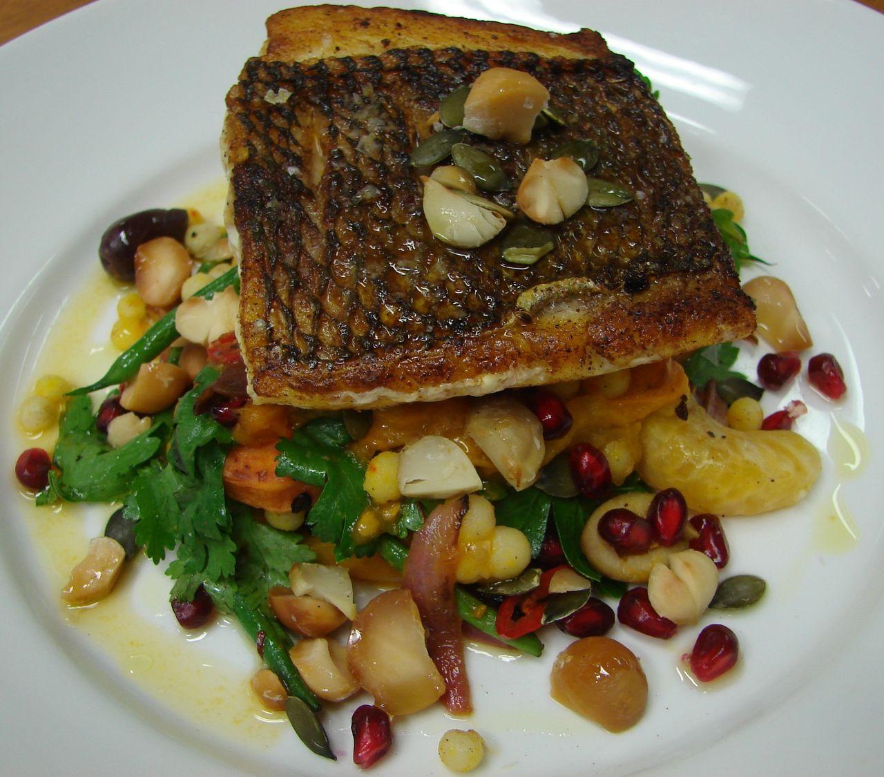 Moroccan spiced sweetlip with mograbiah, sweet potato and mandarin ...